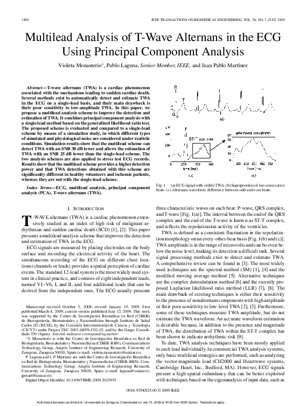 Pdf Multilead Analysis Of T Wave Alternans In The Ecg Using Principal Component Analysis