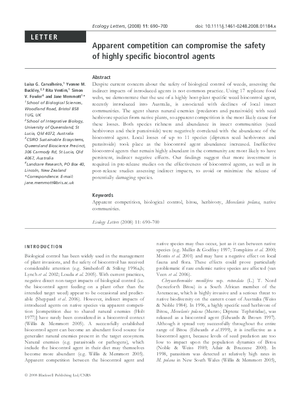 (PDF) Apparent competition can compromise the safety of highly specific ...