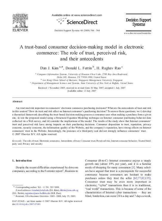 Pdf A Trust Based Consumer Decision Making Model In Electronic Commerce The Role Of Trust