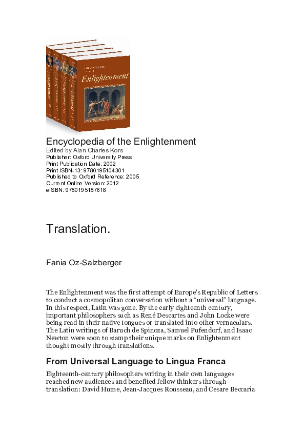 (PDF) "Translation" / Oxford Encyclopedia of the Enlightenment, Edited ...