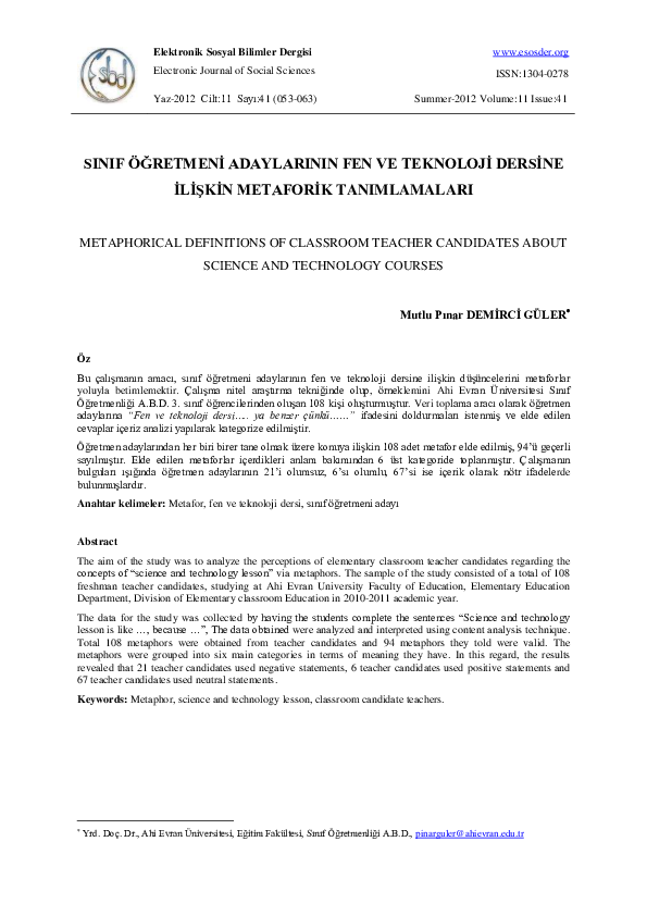 (PDF) SINIF ÖĞRETMENİ ADAYLARININ FEN VE TEKNOLOJİ DERSİNE İLİŞKİN METAFORİK TANIMLAMALARI