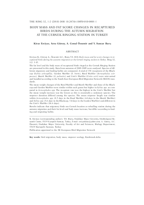 (PDF) Body mass and fat score changes in recaptured birds during the ...
