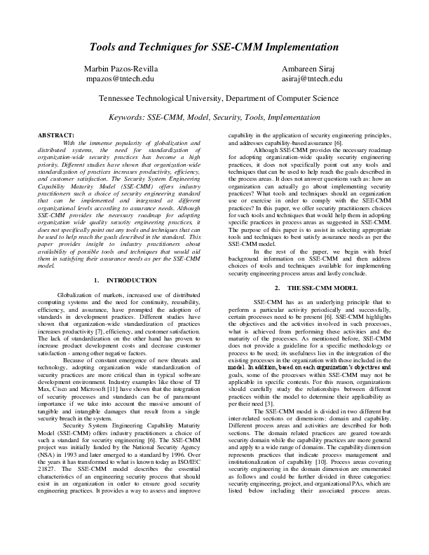 (PDF) Tools and Techniques for SSE-CMM Implementation