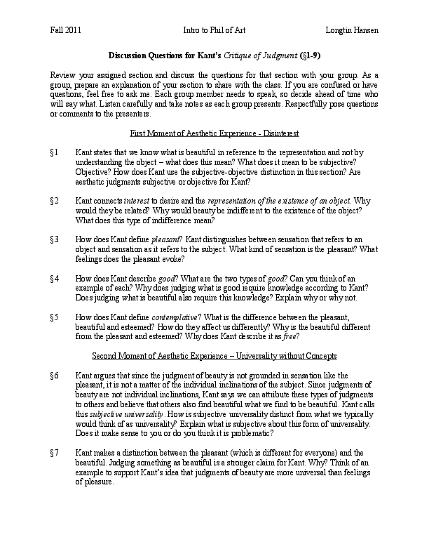 (DOC) Group Discussion Questions - Kant's Critique of Judgment