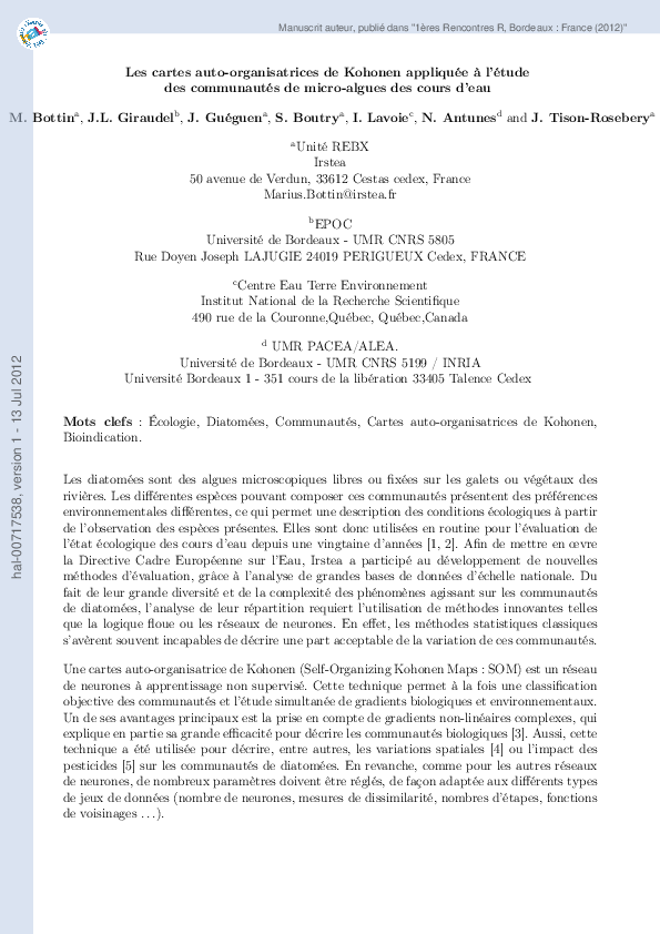 (PDF) Les cartes auto-organisatrices de Kohonen appliquées à l'étude ...