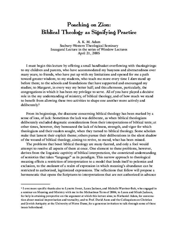 (PDF) Poaching on Zion: Biblical Theology as Signifying Practice