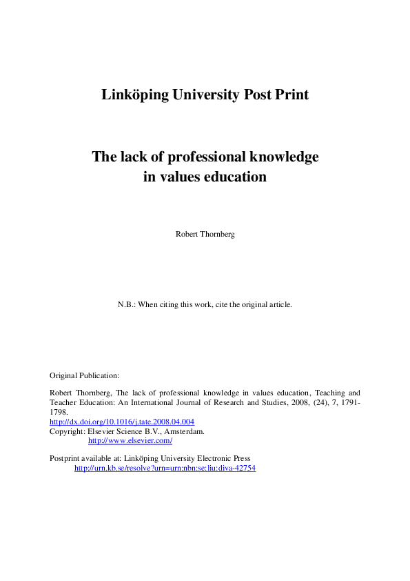 (PDF) Thornberg, R. (2008). The lack of professional knowledge in ...