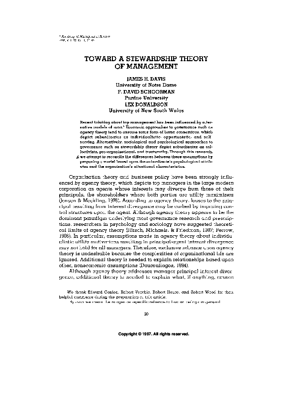 (PDF) Toward a stewardship theory of management
