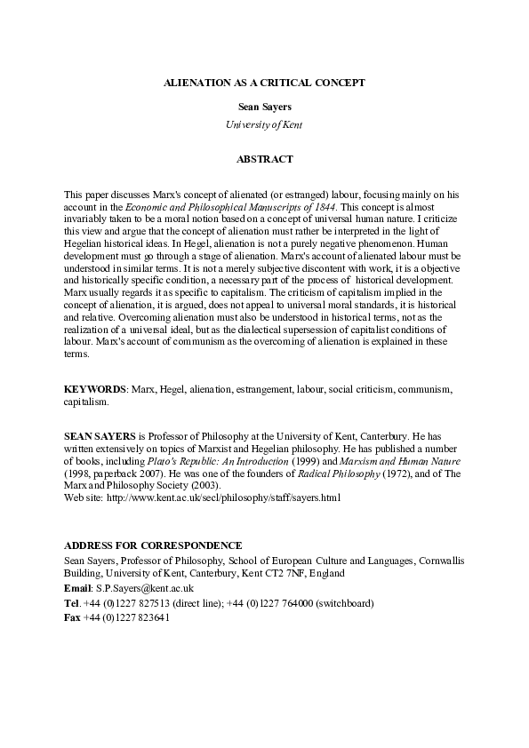 (DOC) Alienation as a Critical Concept