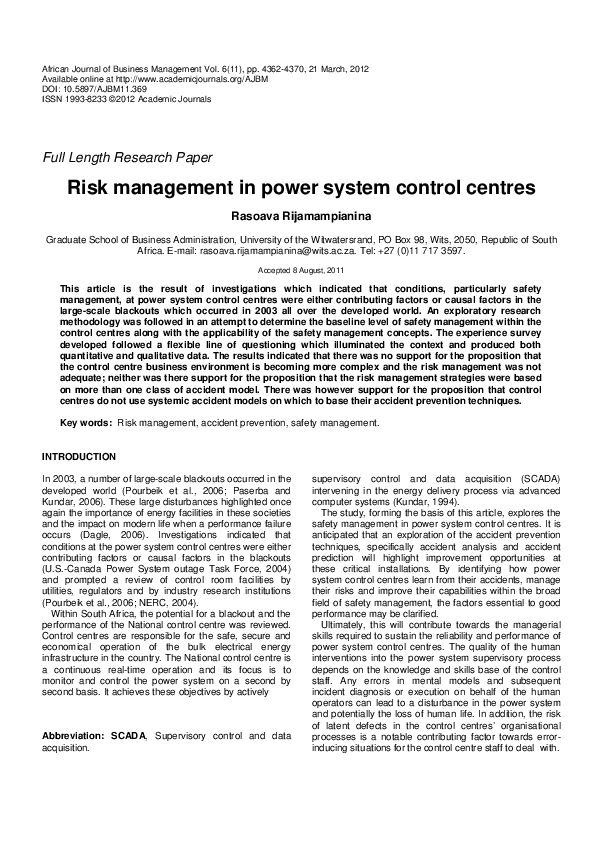 (PDF) Risk management in power system control centres
