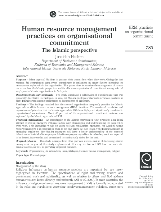(PDF) Human resource management practices on organisational commitment: The Islamic perspective