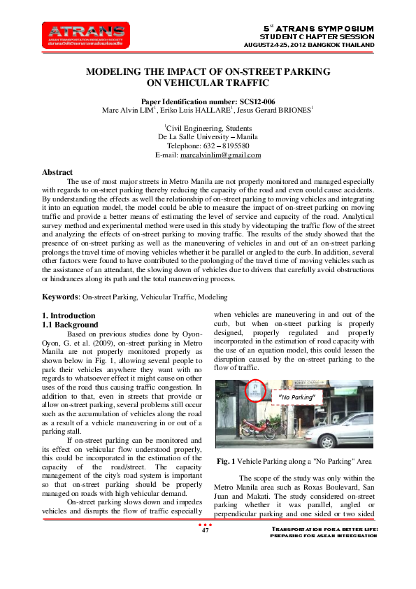 (PDF) Modeling the Impact of On-Street Parking on Vehicular Traffic