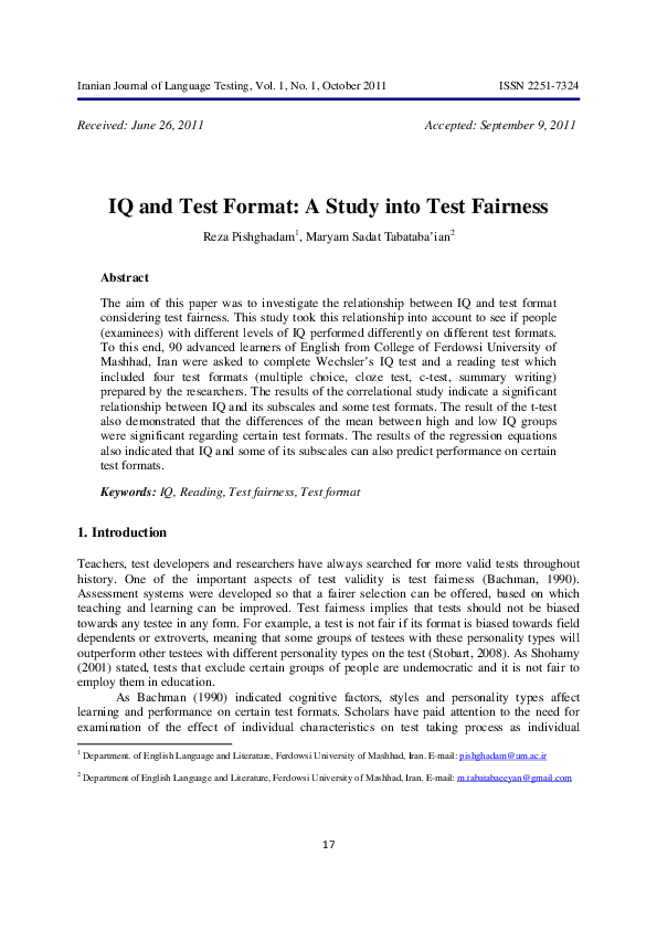 (PDF) IQ and Test Format: A Study into Test Fairness