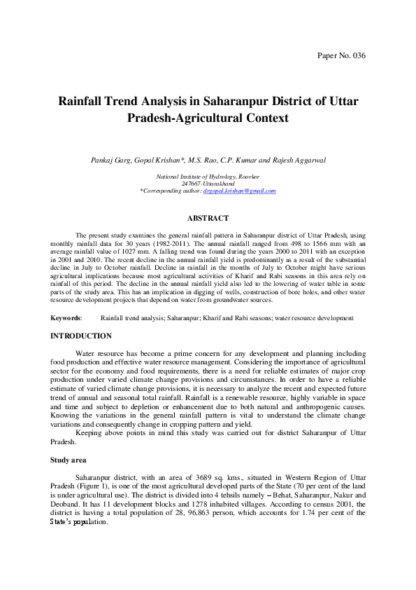(PDF) Rainfall Trend Analysis in Saharanpur District of Uttar Pradesh ...