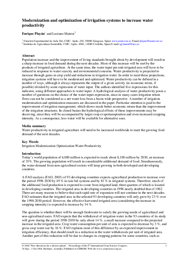 (PDF) Modernization and optimization of irrigation systems to increase ...