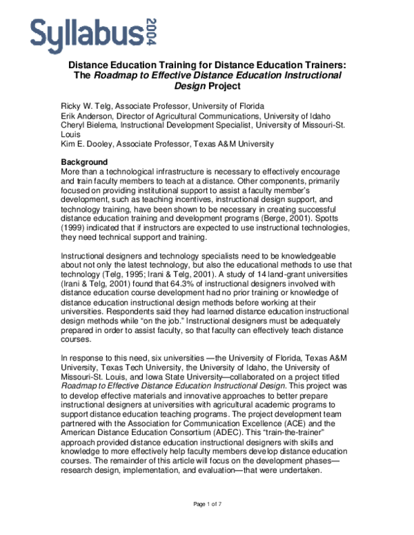 (PDF) Distance Education Training for Distance Education Trainers: The ...