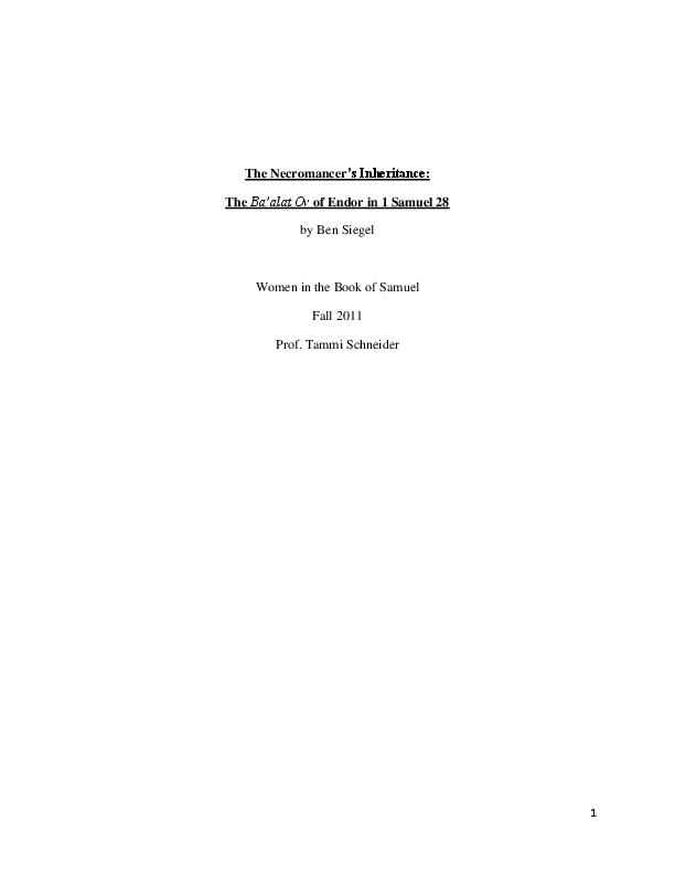 (DOC) The Necromancer’s Inheritance: The Ba’alat Ov of Endor in 1 Samuel 28