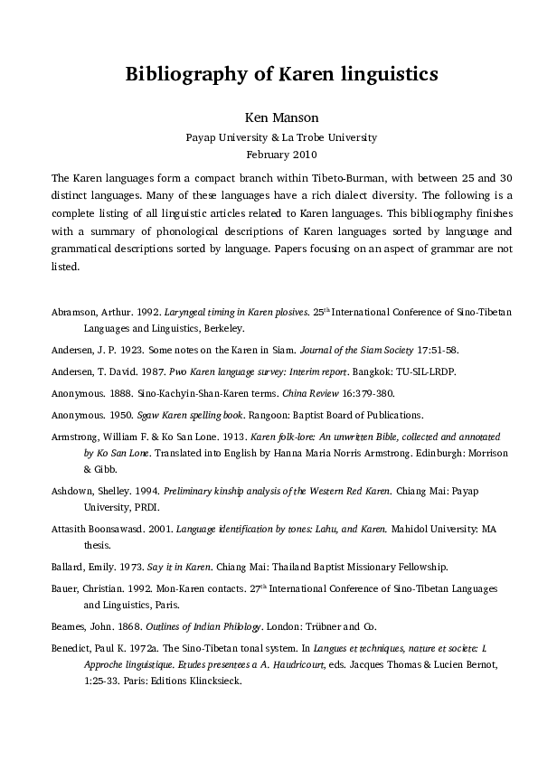 (PDF) A bibliography of Karen linguistics | Ken Manson - Academia.edu