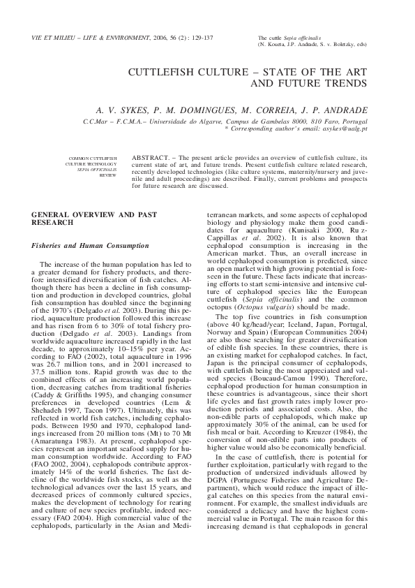 (PDF) Cuttlefish culture - state of the art and future trends