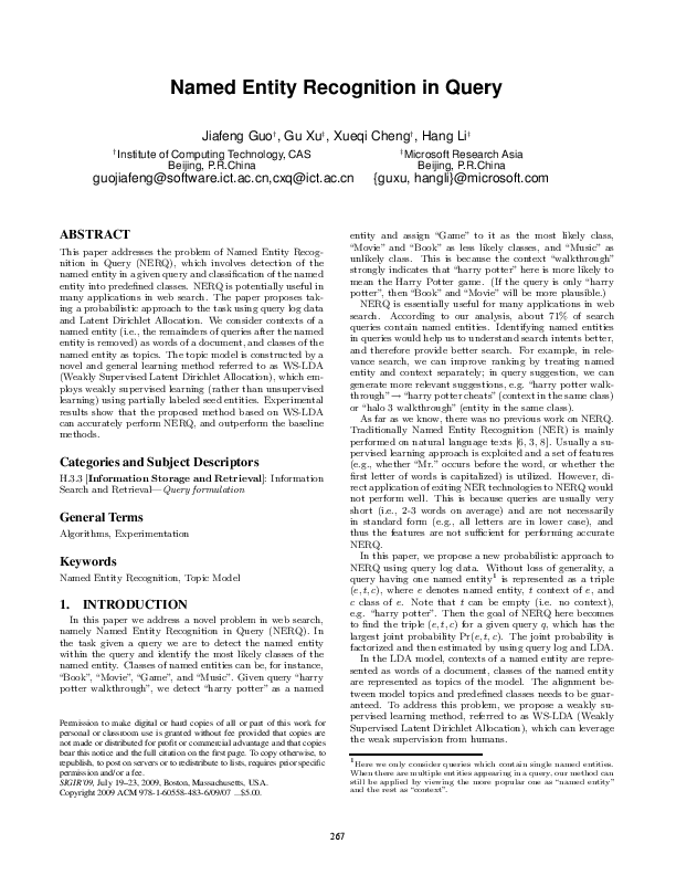 (PDF) Named entity recognition in query