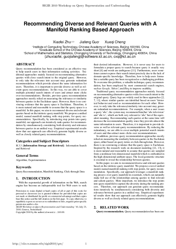 (PDF) Recommending diverse and relevant queries with a manifold ranking based approach