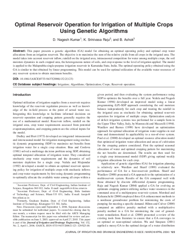 (PDF) Optimal reservoir operation for irrigation of multiple crops using genetic algorithms