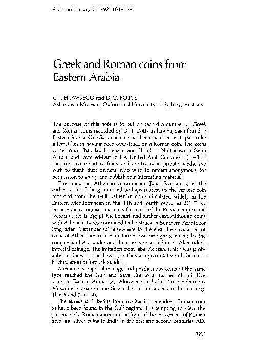 (PDF) Howgego and Potts 1992 - Greek and Roman coins from Eastern Arabia