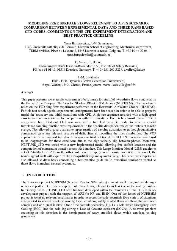 (PDF) Modeling free surface flows relevant to a PTS scenario: Comparison between experimental ...