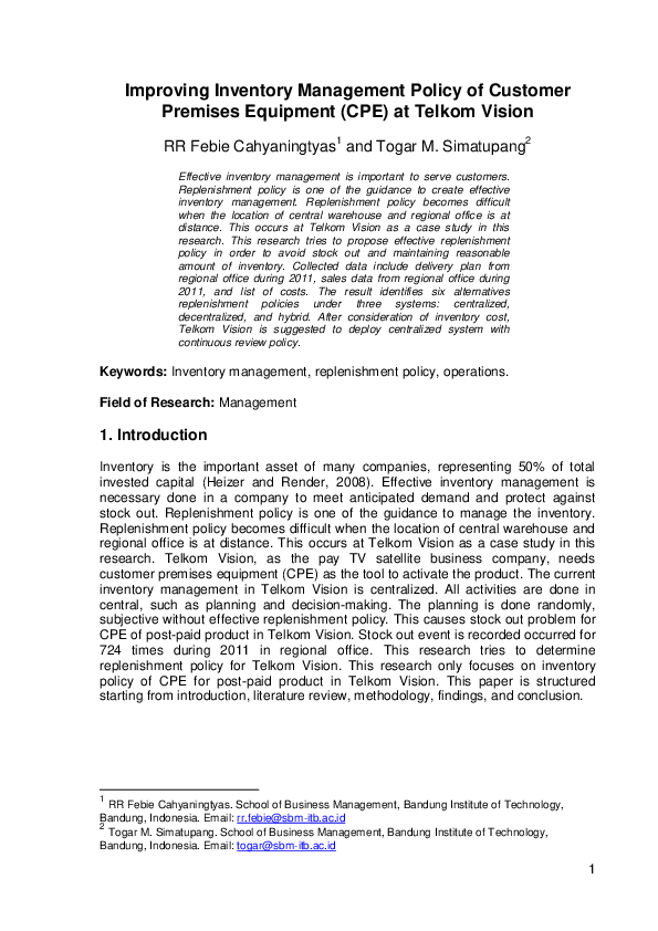 Improving Inventory Management Policy of Customer Premises Equipment ...