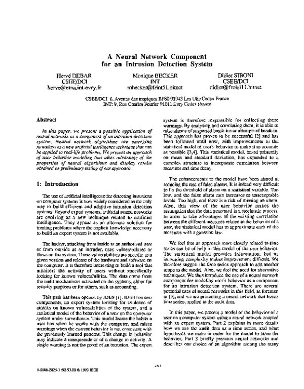 Pdf A Neural Network Component For An Intrusion Detection System