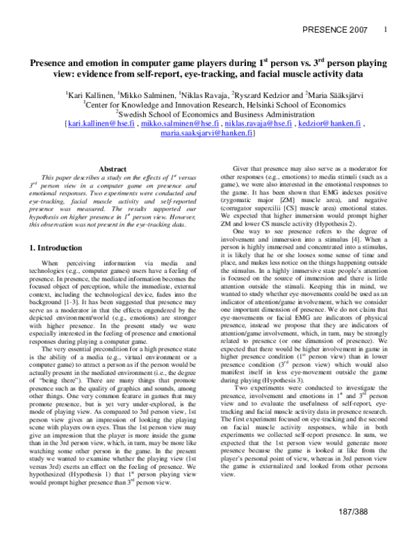 (PDF) Presence and emotion in computer game players during 1st person ...