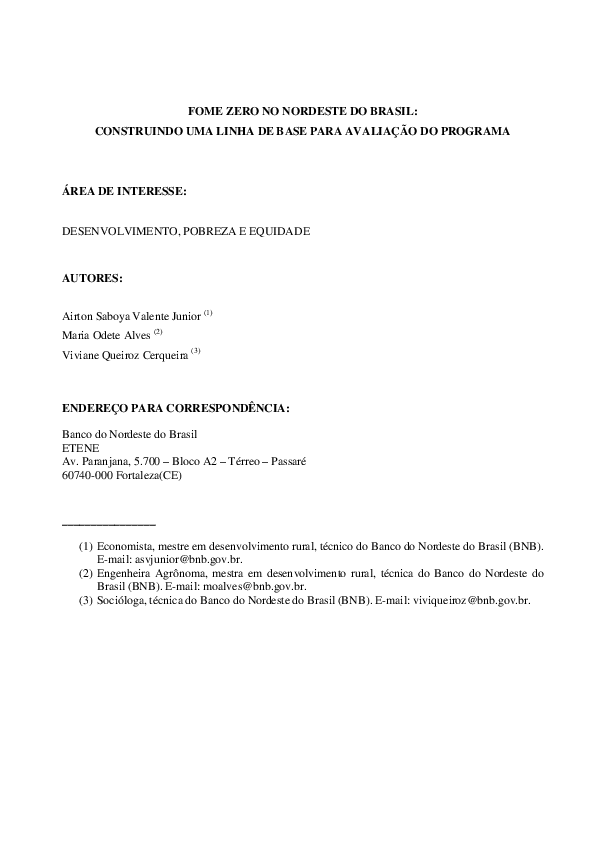 (PDF) Fome zero no nordeste do Brasil: construindo uma linha de base ...