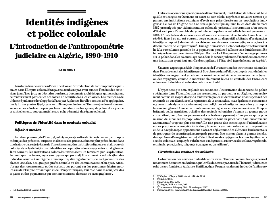 (PDF) Identités indigènes et police coloniale. L’introduction de l ...