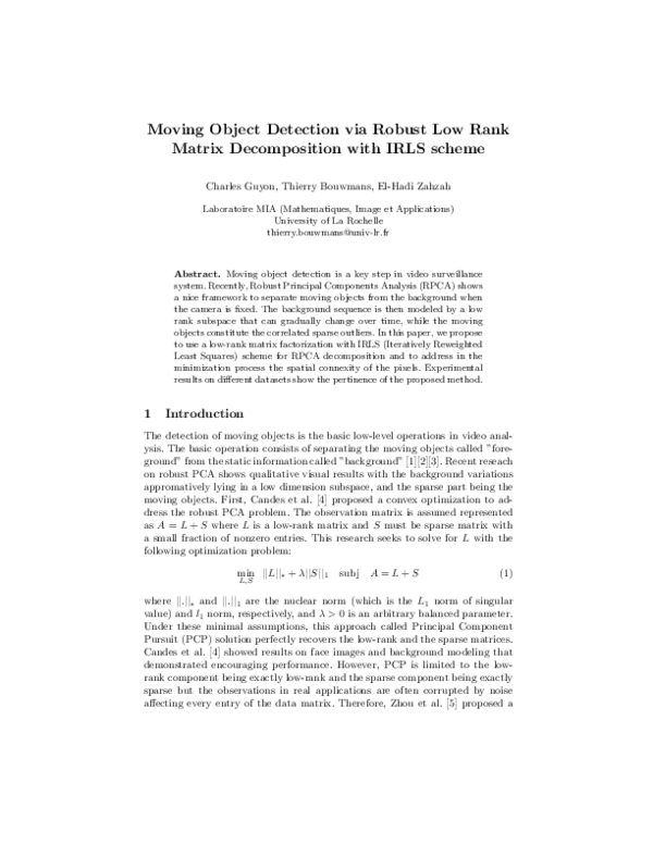 Moving Object Detection Via Robust Low Rank Matrix Decomposition With Irls Scheme