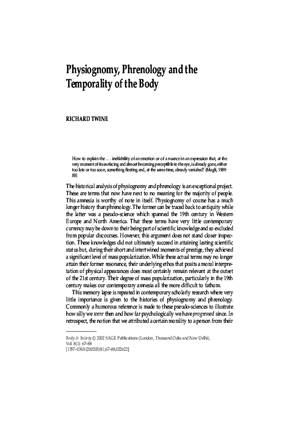 (PDF) Physiognomy, Phrenology and the Temporality of the Body