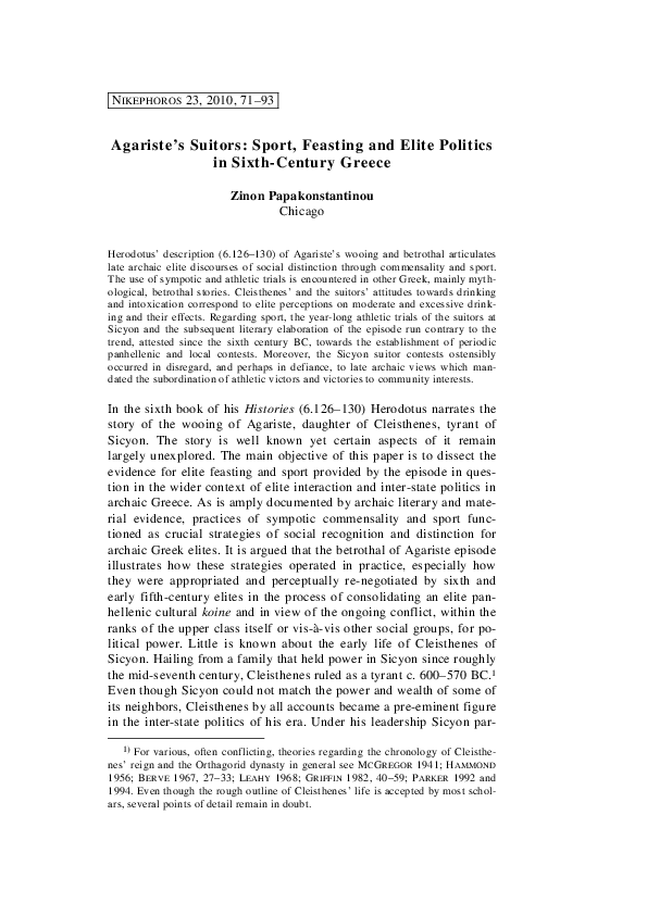 (PDF) Agariste's Suitors. Sport, Feasting and Elite Politics in Sixth ...