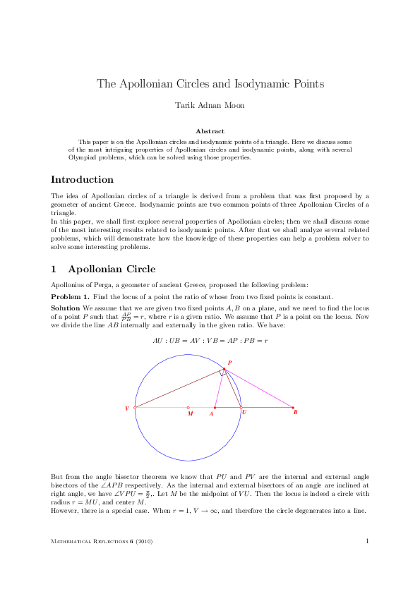 (PDF) The Apollonian Circles and Isodynamic Points