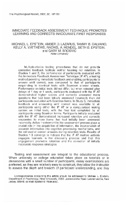 (PDF) Immediate feedback assessment technique promotes learning and ...