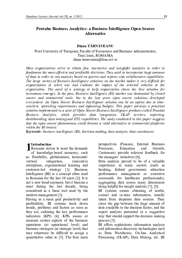 (PDF) Pentaho Business Analytics: a Business Intelligence Open Source Alternative