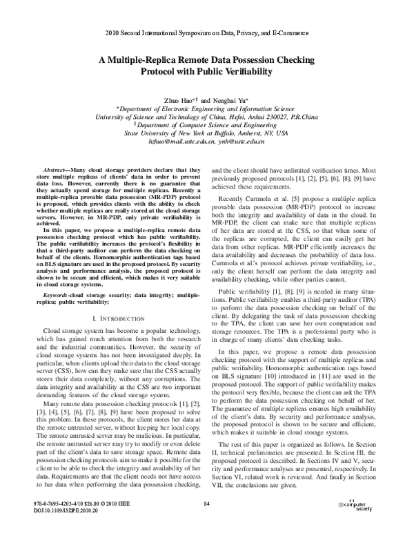 (PDF) A multiple-replica remote data possession checking protocol with public verifiability
