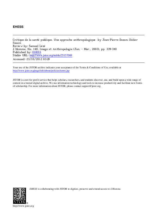 Critique de la santé publique. Une approche anthropologique by Jean ...