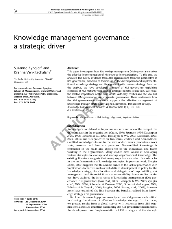 (PDF) Zyngier, S., & Venkitachalam, K. (2011). Knowledge Management Governance - A Strategic ...