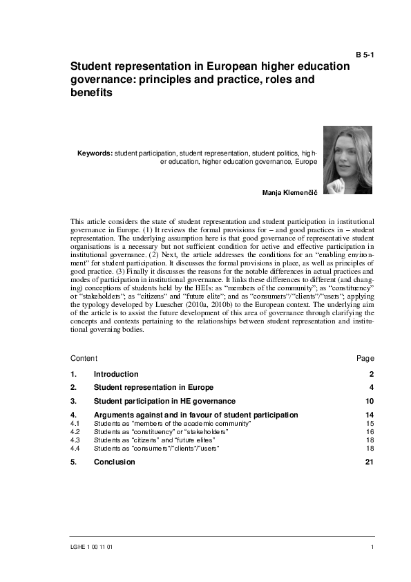 (PDF) Student representation in European higher education governance ...