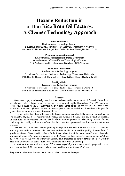 (PDF) Hexane Reduction in a Thai Rice Bran Oil Factorv: A Cleaner ...