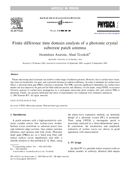 Pdf Finite Difference Time Domain Analysis Of A Photonic Crystal Substrate Patch Antenna