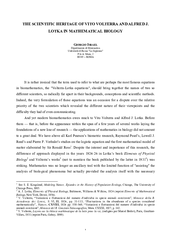 (PDF) The Scientific Heritage of Vito Volterra and Alfred J. Lotka in ...