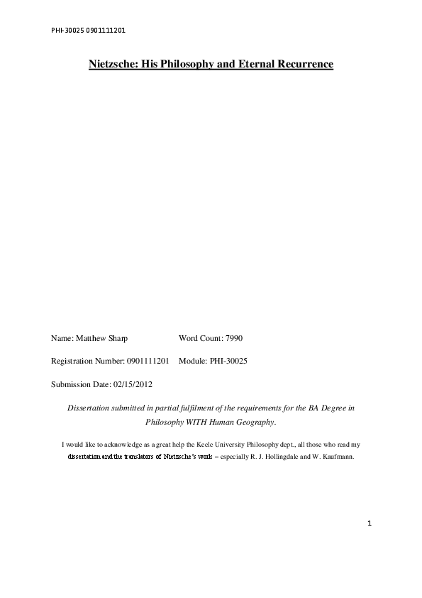 (DOC) Nietzsche: His Philosophy and Eternal Recurrence