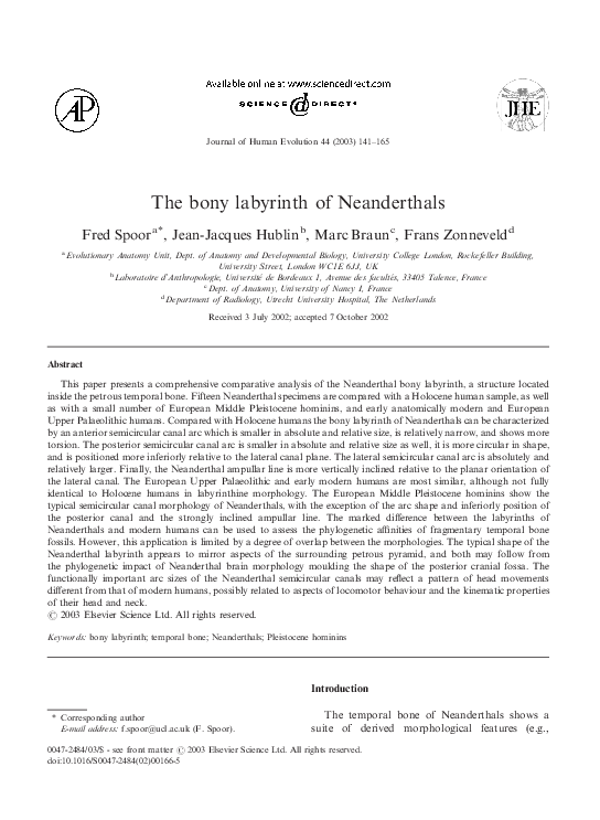 (PDF) Spoor, F. et al. (2003) The bony labyrinth of Neanderthals ...
