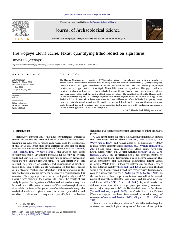 (PDF) 2013 The Hogeye Clovis cache, Texas: quantifying lithic reduction signatures