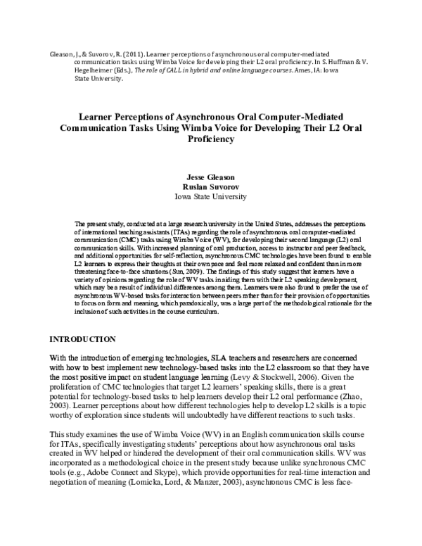 (PDF) Gleason, J. & Suvorov, R. (2011). Learner perceptions of asynchronous oral computer ...